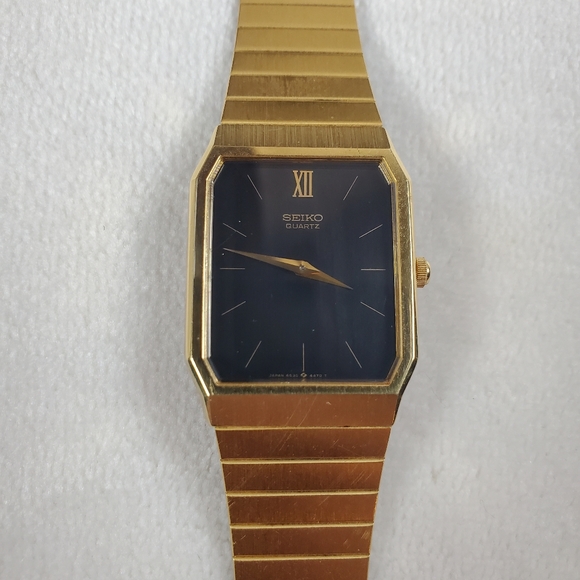Seiko | Accessories | Seiko Gold Tone Dress Watch Mens Quartz Rectangle Black Dial 5 Jewels ...